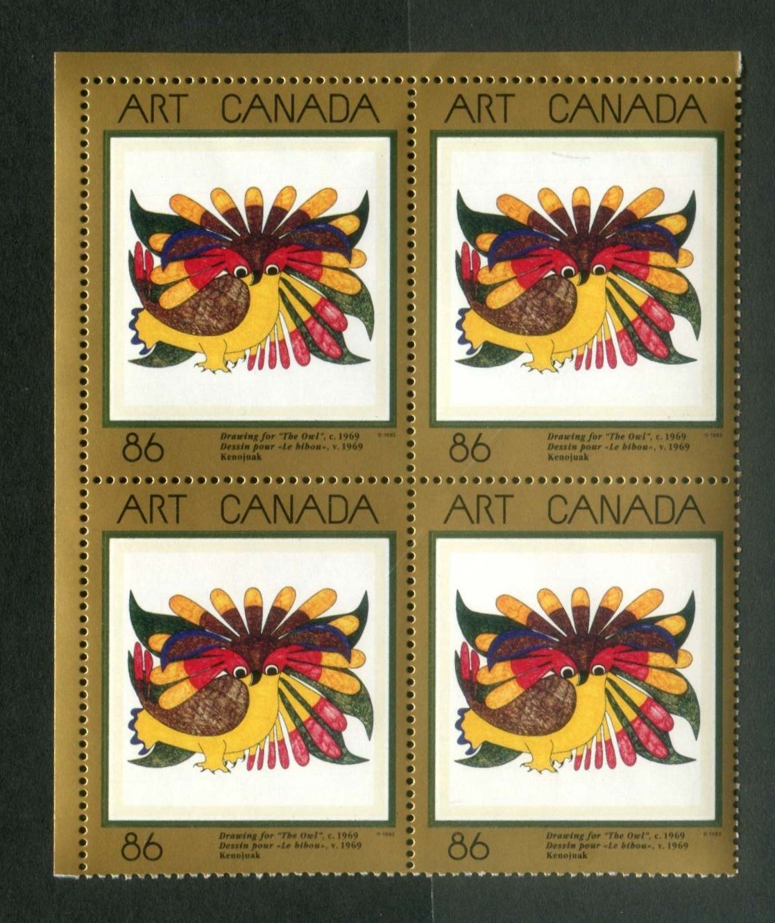 CANADA 1990. Art Canada, Kenojuak (The Owel) 4x86¢ MNH. Top Left ...
