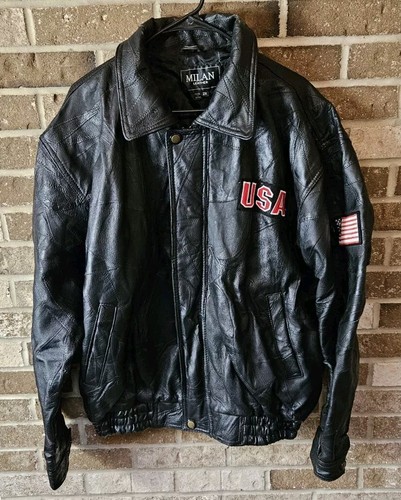 Vintage 90s Milan Leather USA Eagle Biker Jacket Full Zip Graphic Mens ...