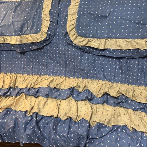 VTG 3 Pc Queen Bedspread Set Shabby Country 4 Rows Ruffles Denim Blue ...
