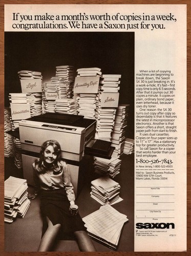 1981 Saxon SX 30 Copy Machine Vintage Print Ad/Poster Copier Office Pop ...