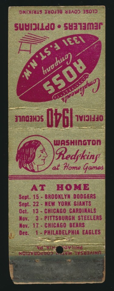1940 Redskins Matchbooks (Ross Jewelry Co) -CLEM STRALKA (Georgetown ...