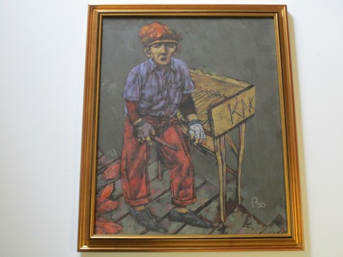 1966 PAINTING CHINESE OR KOREAN PORTRAIT URBAN MODERNIST FISHERMAN FISH ...