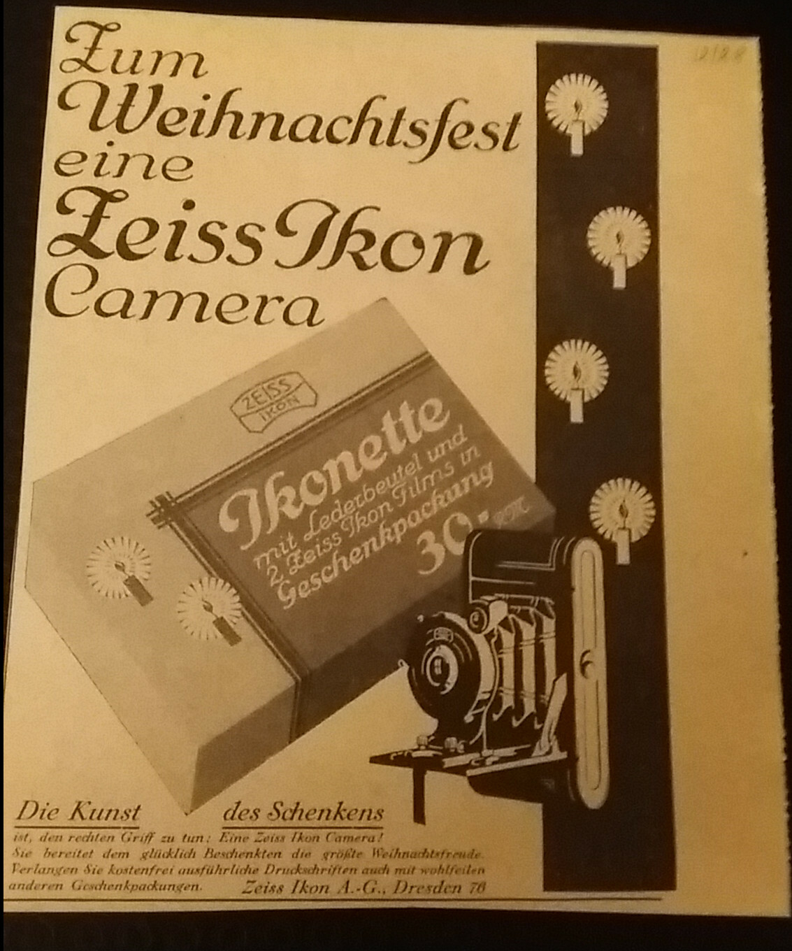 DRESDEN, 3 Zeiss IKON AG + 1 Ica Kinamo . Zeitungsreklamen 1926 ...
