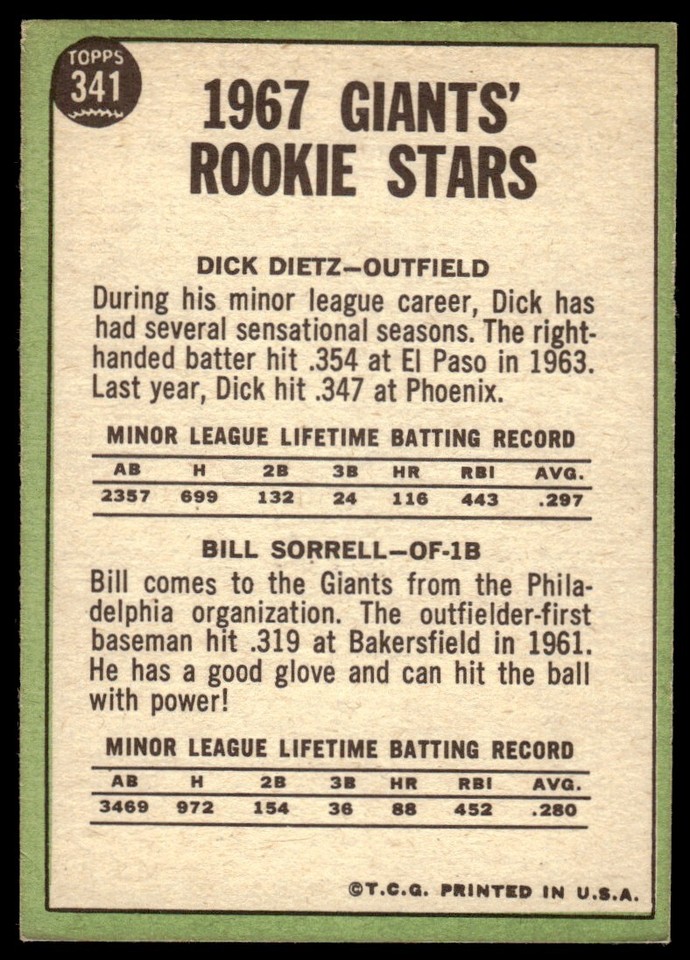 1967 Topps Dick Dietz/Bill Sorrell RC San Francisco Giants #341 | eBay