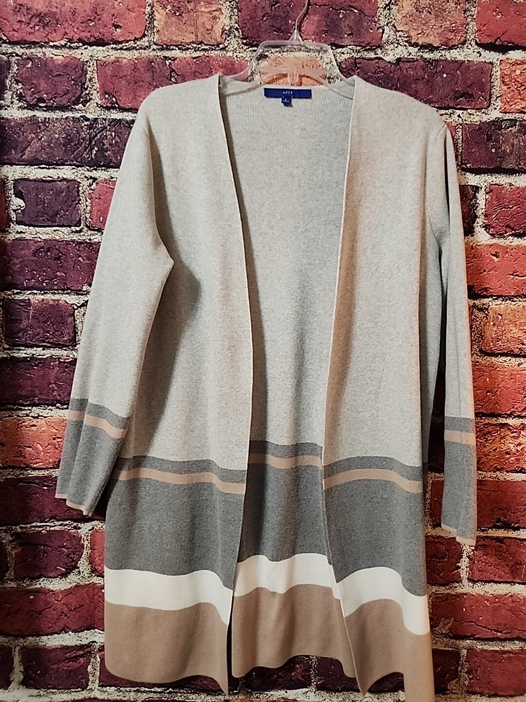 Apt 9 Womens Cardigan Size L Tan Gray Knit Long Open Front C60 | eBay