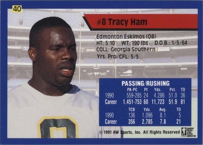 1991 All World CFL Tracy Ham #40 for sale | eBay