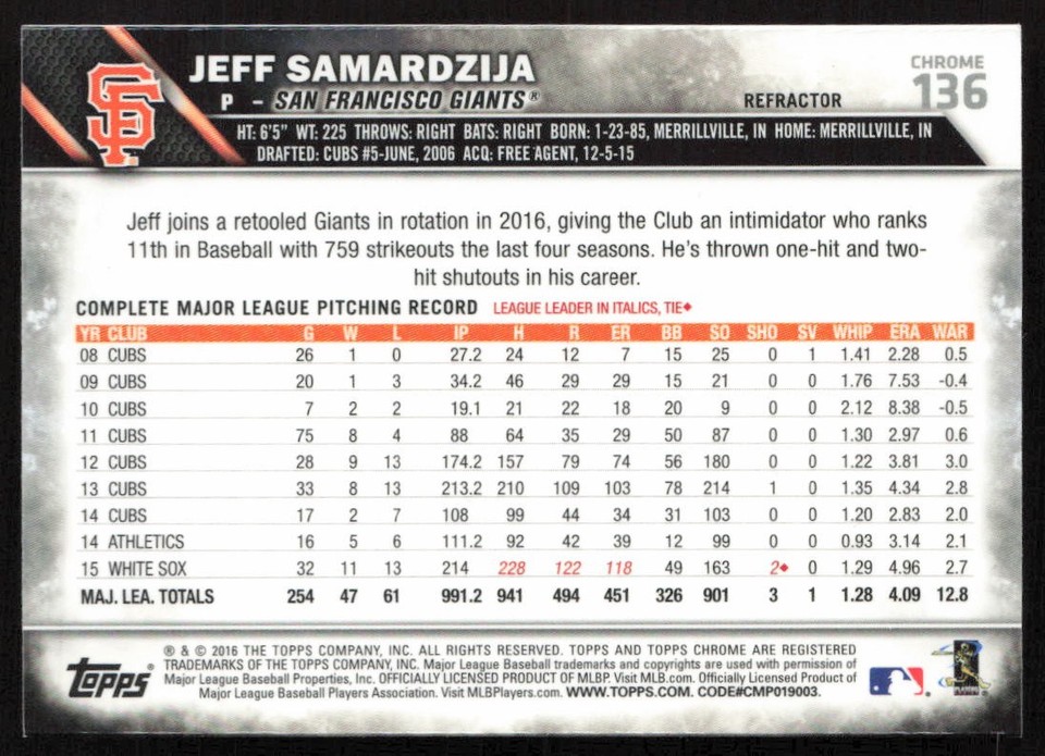 2016 Topps Chrome Refractor Jeff Samardzija #136 San Francisco Giants ...