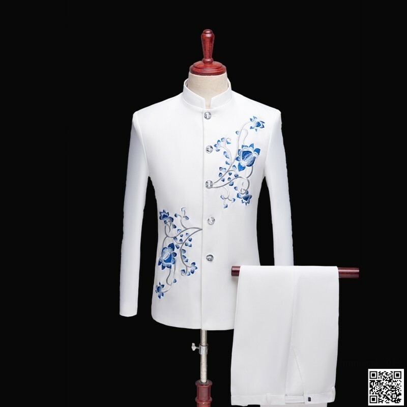 Men's Tuxedo Chinese Tunic Suit Stand Collar 2pcs Slim Fit Embroidery ...