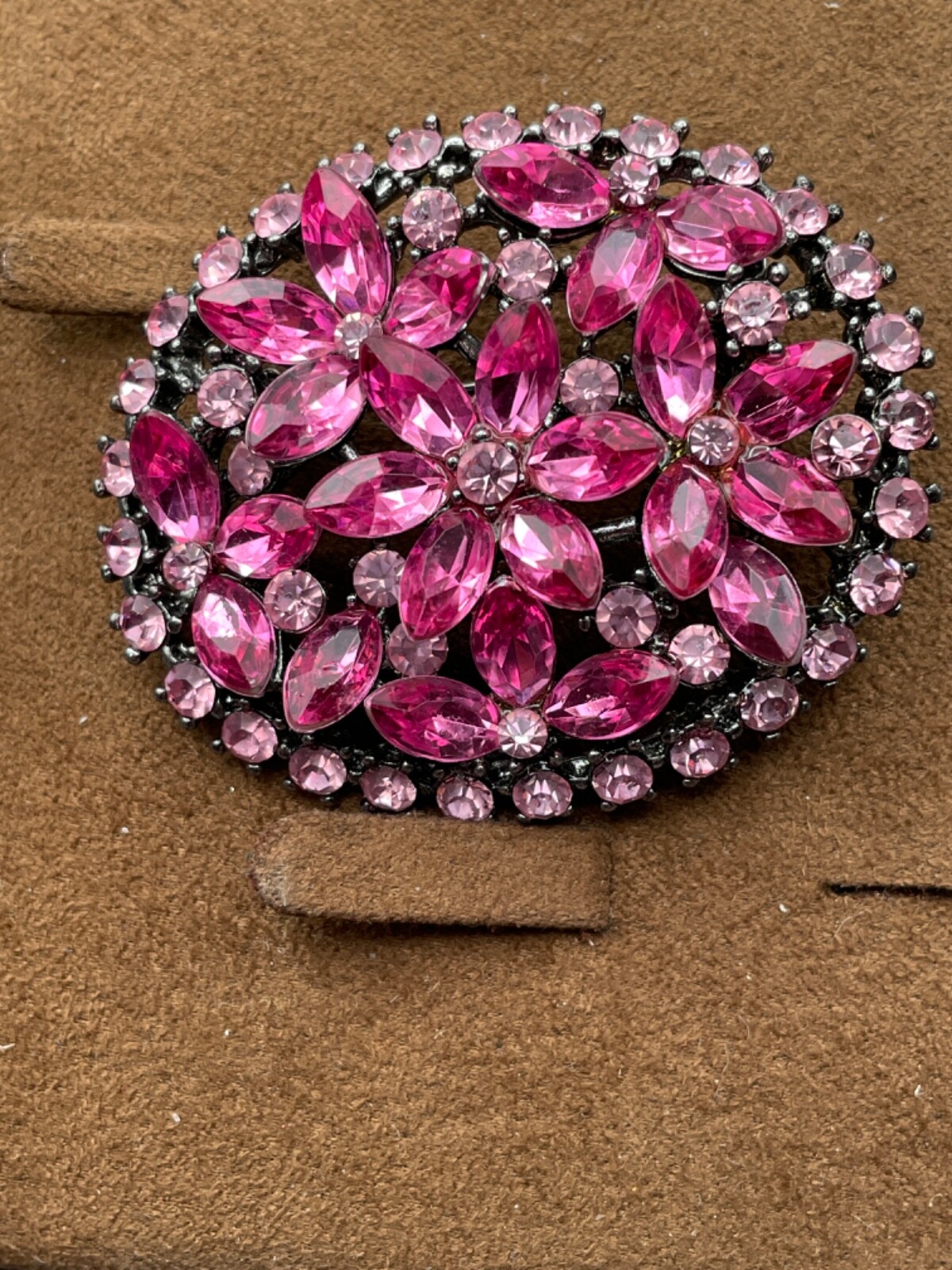 Rhinestone Brooch Fuchsia Pink Floral Silver Toned Ov… - Gem