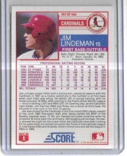 1988 Score Baseball #302 Jim Lindeman St. Louis Cardinals | eBay