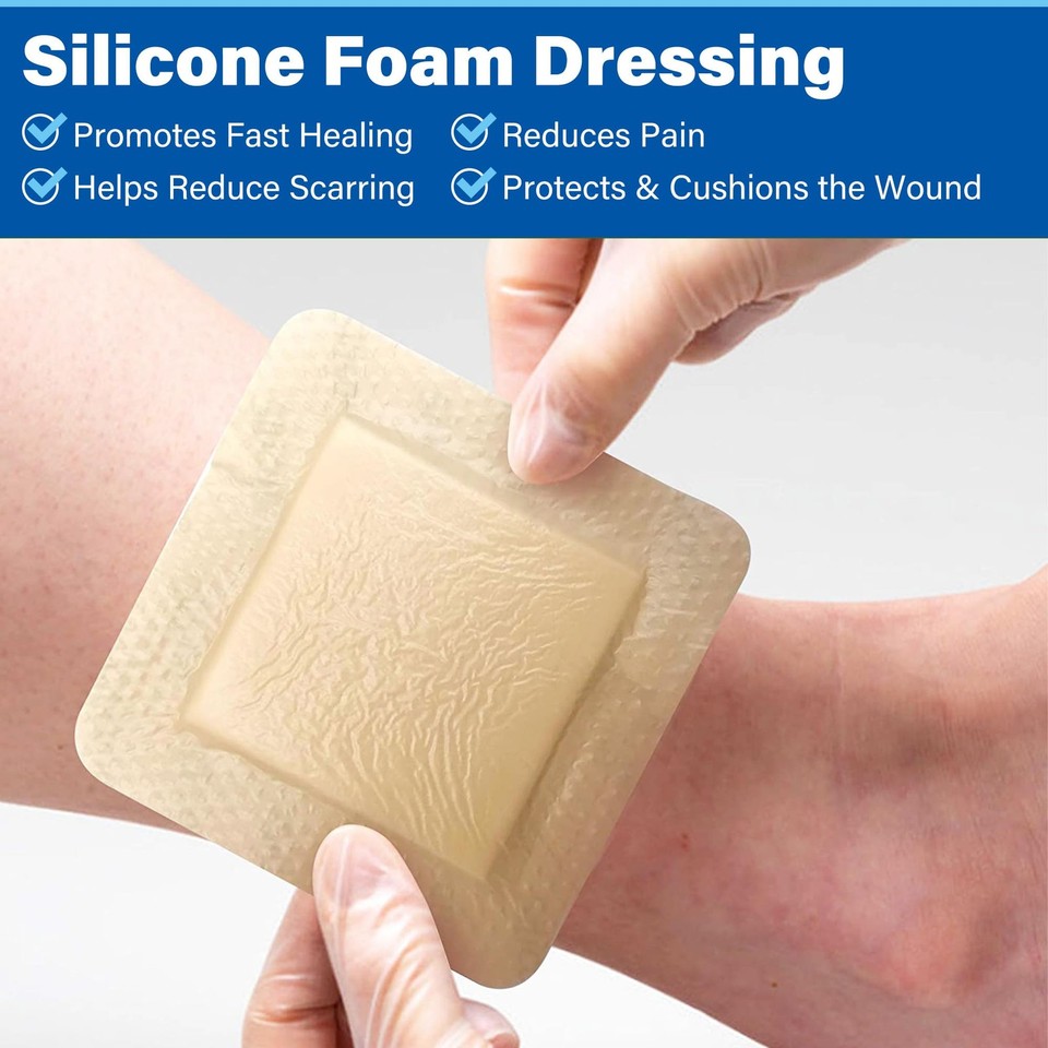 Silicone Foam Dressing, 4x 4 (2.5”x 2.5” Pad), 10 Count, Adhesive Wound ...