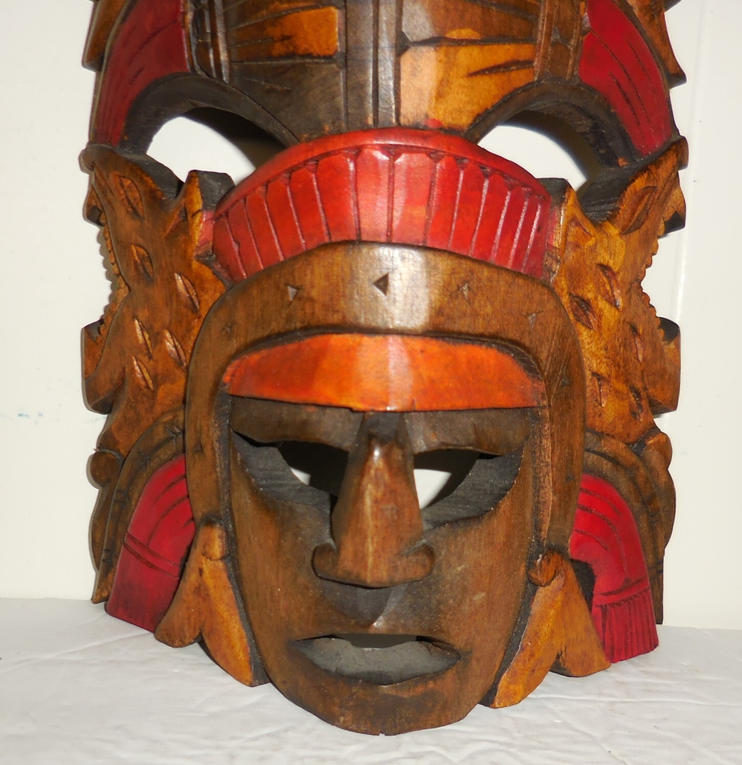 VINTAGE TALL MASK FIGURINE COLORFUL HANDCARVED WOODEN AZTEC WARRIOR ...