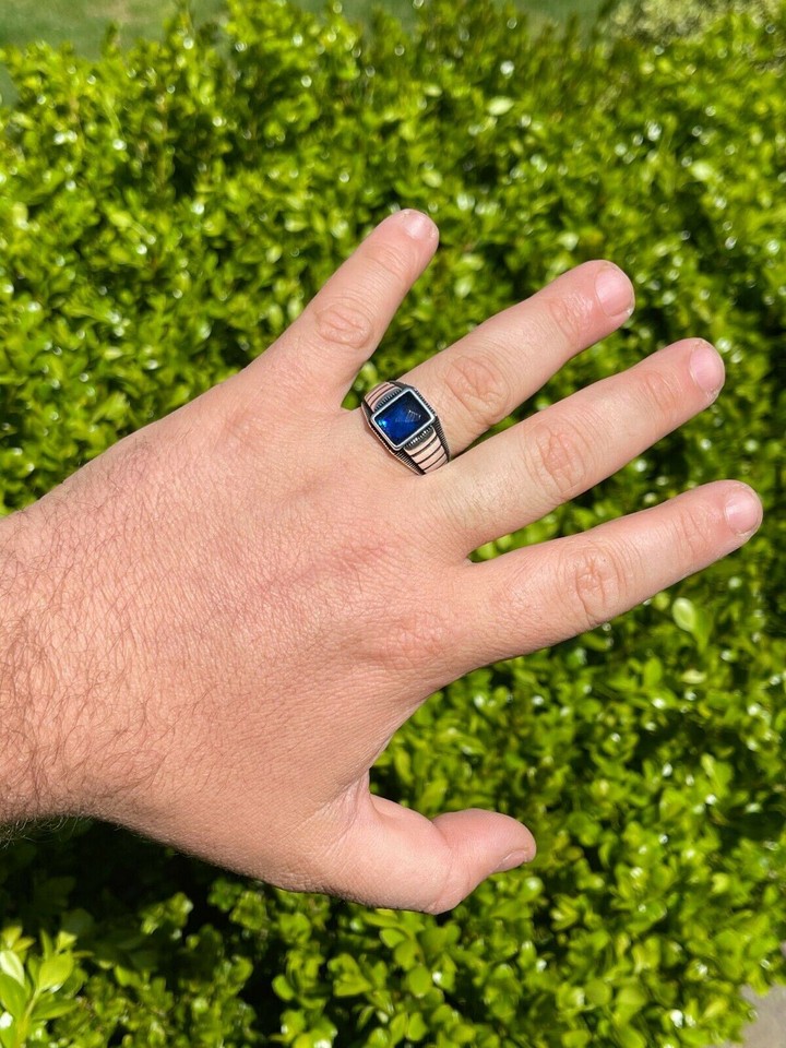 Men's Plain Real Solid 925 Sterling Silver Hip Hop Big Blue Stone Ring ...
