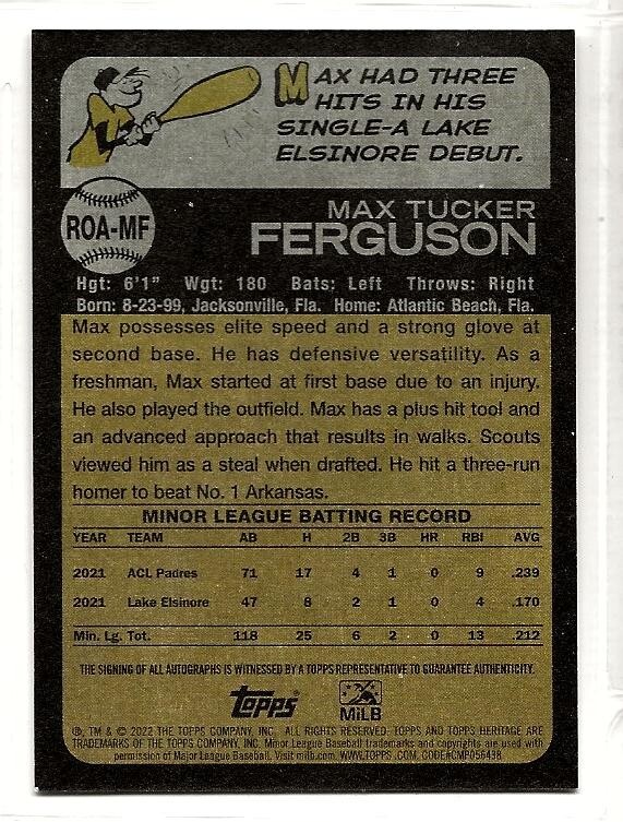 2022 Heritage Minor League Auto Autograph Max Ferguson #ROA-MF Lake ...