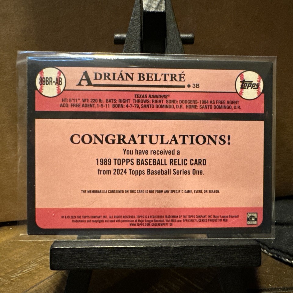 2024 Topps Series 1 ADRIAN BELTRE 1989 Topps Bat Relic #89BR-AB Texas ...