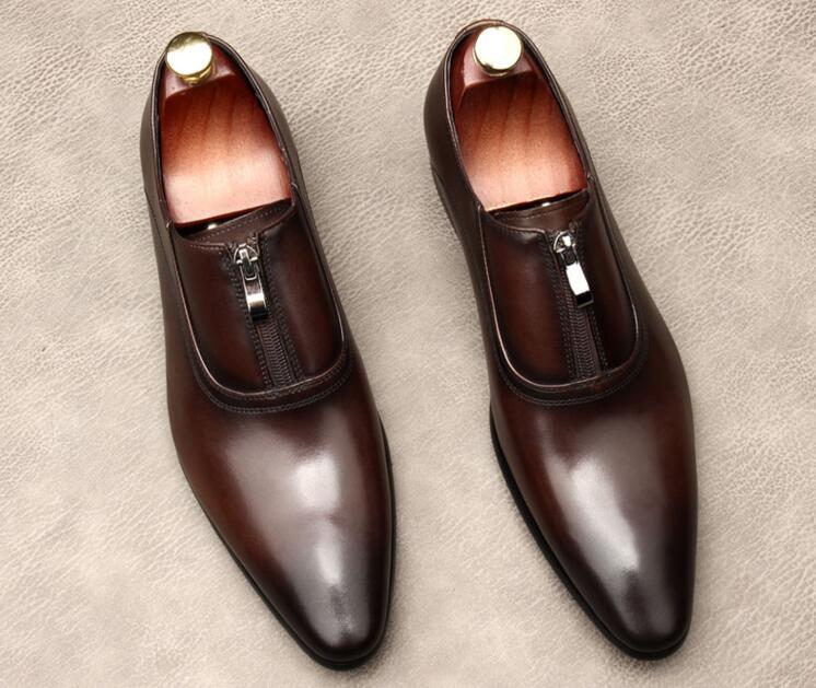 Men's Fashion British Pointy Toe Wing Tip Zipper Leather Shoes Party ...