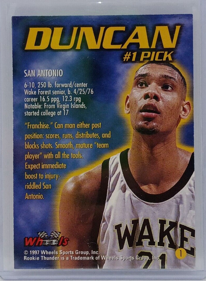 TIM DUNCAN rc WAKE FOREST #1 ROOKIE THUNDER ‘97 DRAFT PICK WHEELS ...
