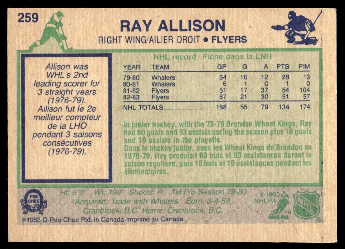 1983-84 O-Pee-Chee Ray Allison Philadelphia Flyers #259 | eBay