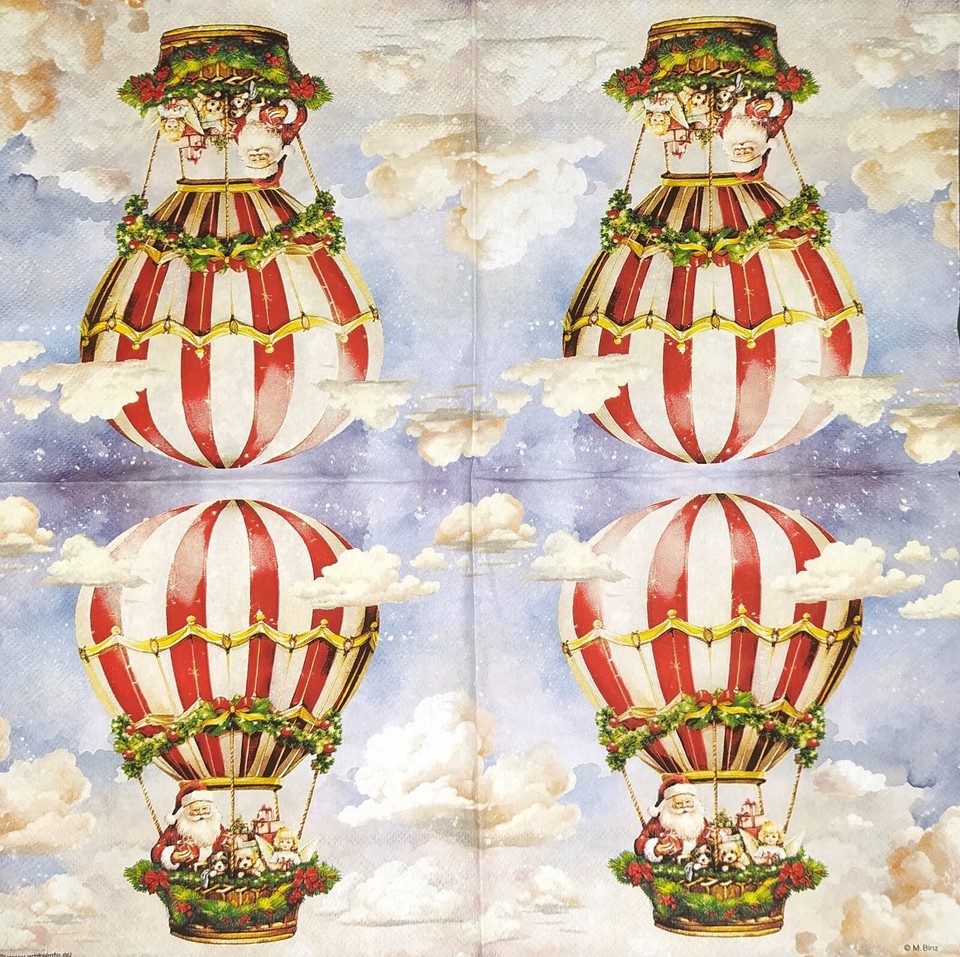 T808# 3x Single Paper Napkins For Decoupage Christmas Hot Air Balloon ...