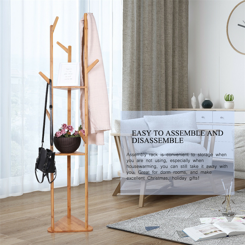 Large Bamboo Wood Clothes Tree Coat Hat Rack Corner Stand w 3 Tier ...