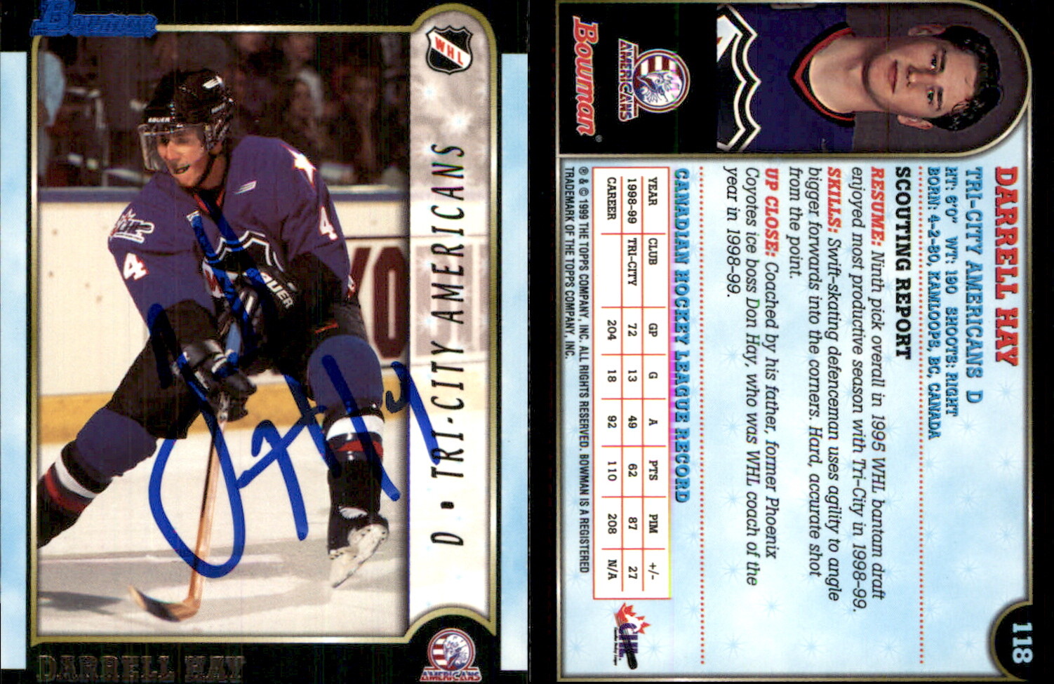 Darrell Hay Signed 1999 Bowman CHL #118 Card Tri-City Americans Auto AU | eBay