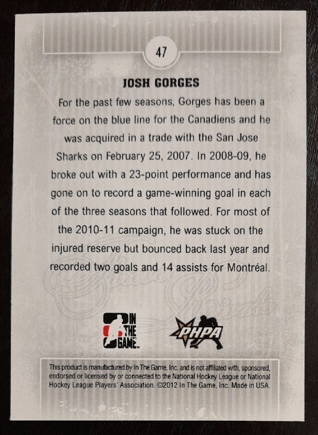 2012 - 2013 ITG Josh Gorges Forever Rivals Gold /30 #47 Hockey Card | eBay