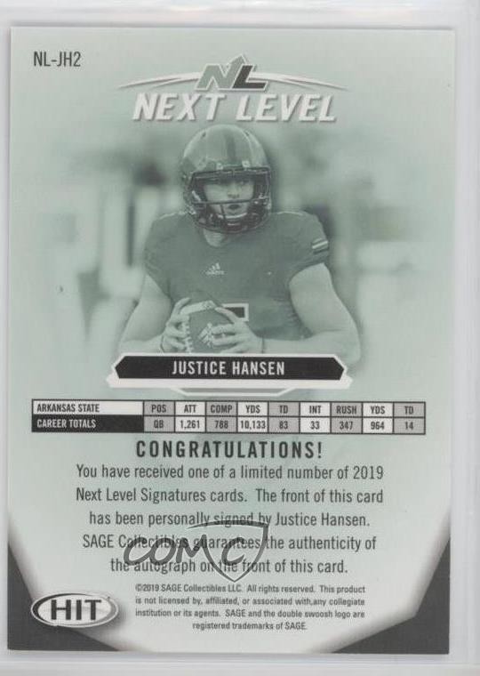 2019 Sage Hit Premier Draft Next Level Signatures Justice Hansen Auto ...