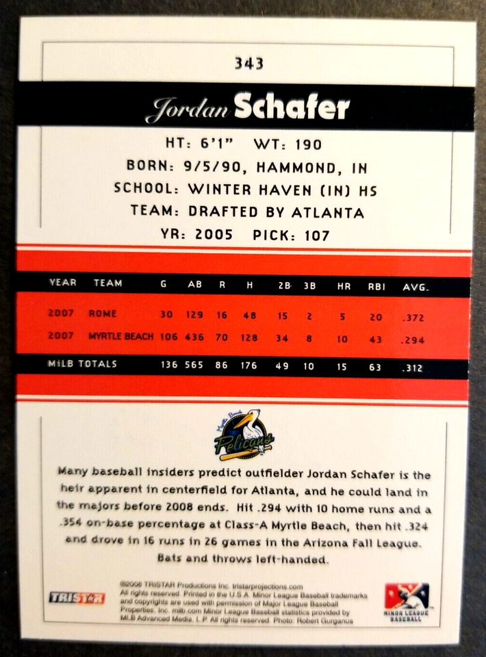 Jordan Schafer Atlanta Braves Authentic 2008 Tristar #343 Baseball Card ...