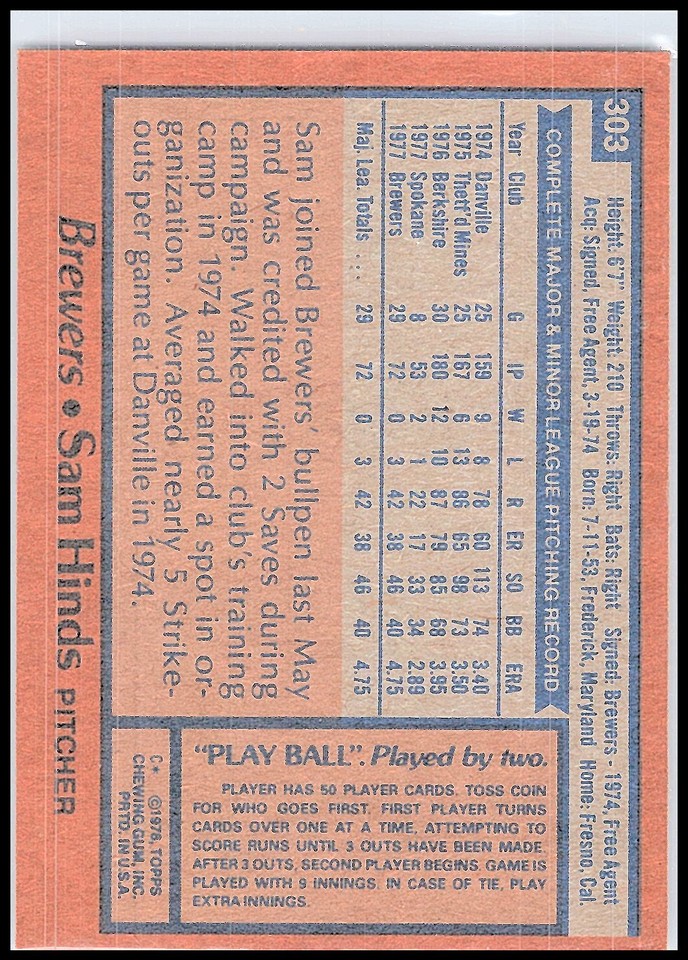 1978 Topps #303 Sam Hinds | eBay