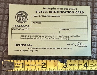 10 NOS 1960’s LAPD Bicycle ID Cards Schwinn Stingray Krate Muscle Bike ...