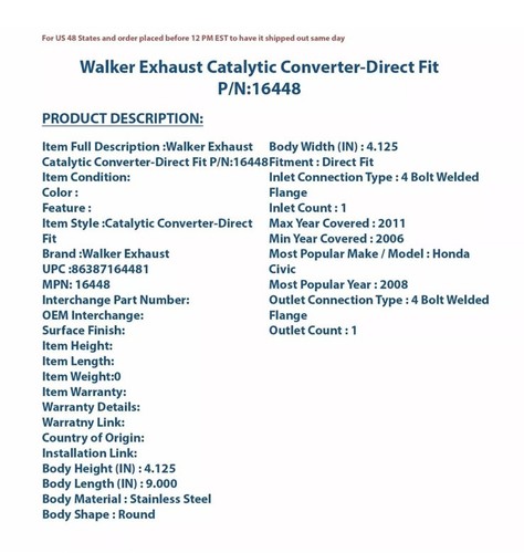 Walker Ultra EPA 16448 Direct Fit Catalytic Converter 2.25"Outlet (OD ...