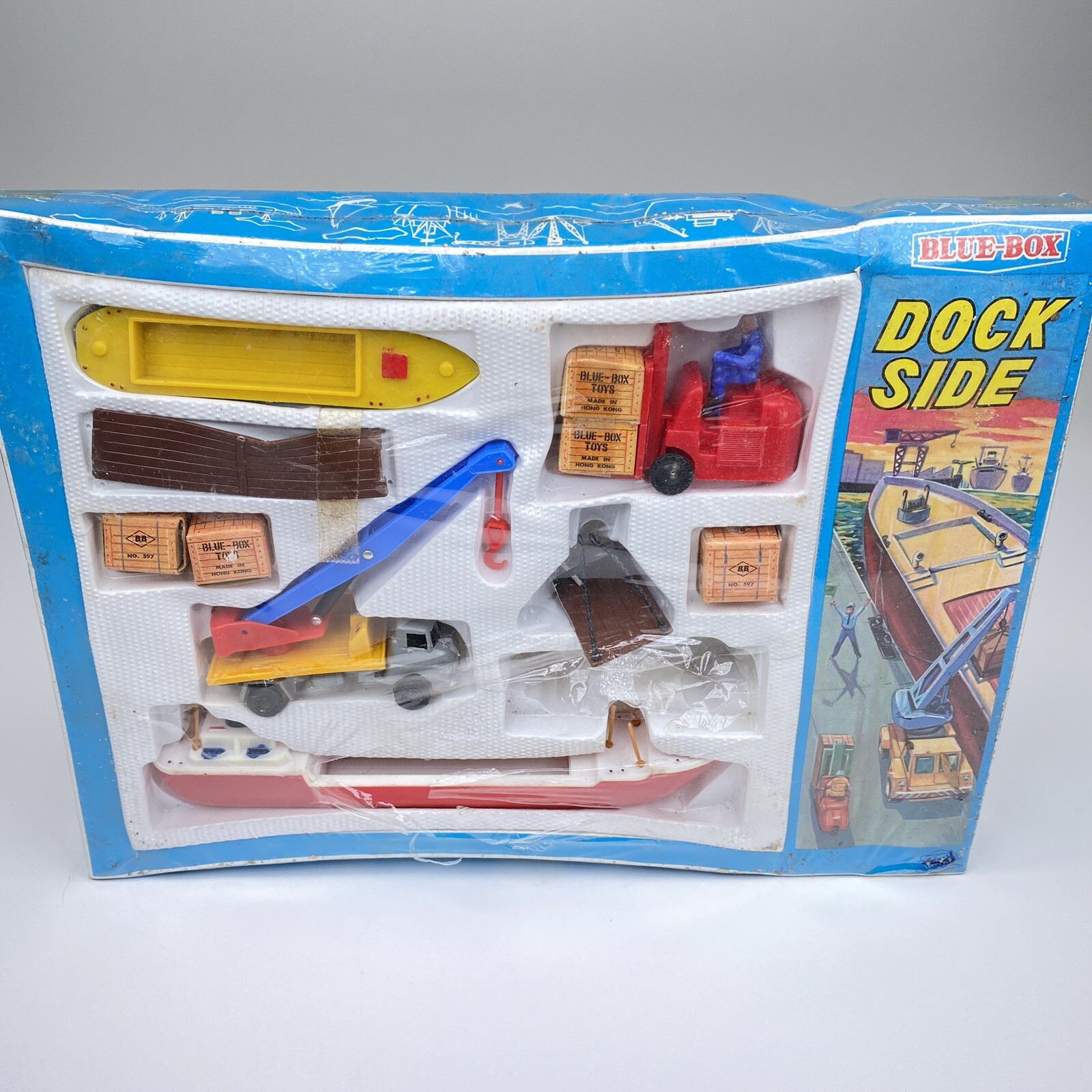 Vintage BLUE BOX TOY Dock Side Ships Forklift Trucks Boxes 77688 ...