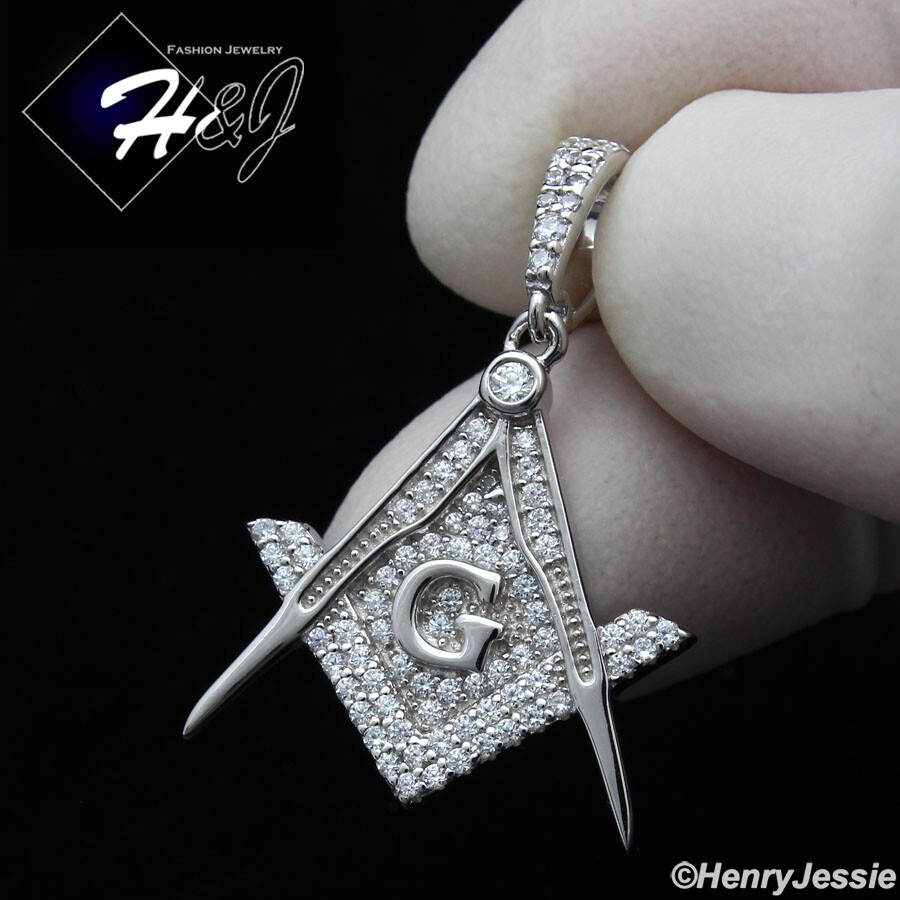 MEN 925 STERLING SILVER ICY BLING CUBIC ZIRCONIA MASONIC SILVER PENDANT ...
