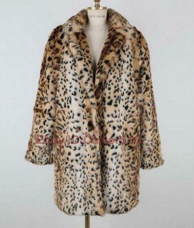 Women Winter Leopard print Faux Rabbit Fur Long Coat Furry Overcoat ...