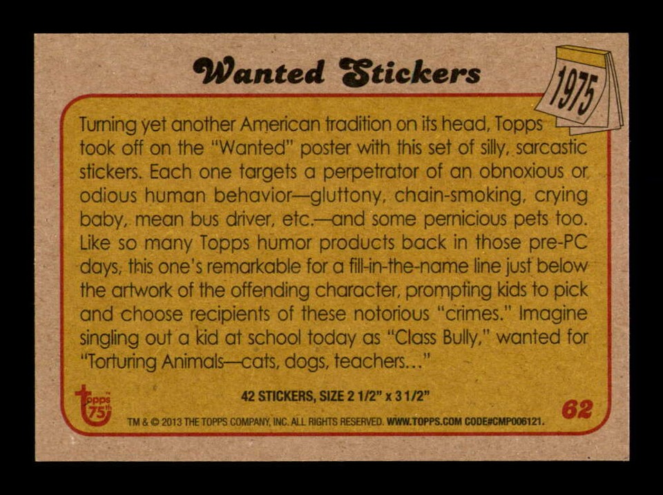 2013 Topps 75th Anniversary #62 Wanted Stickers | eBay