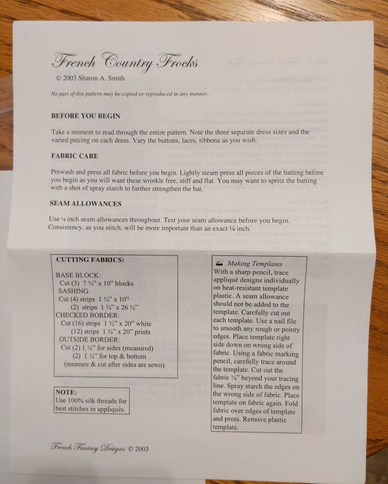 French Country Frocks Quilt Wall Hanging Pattern by Sharon A. Smith ...