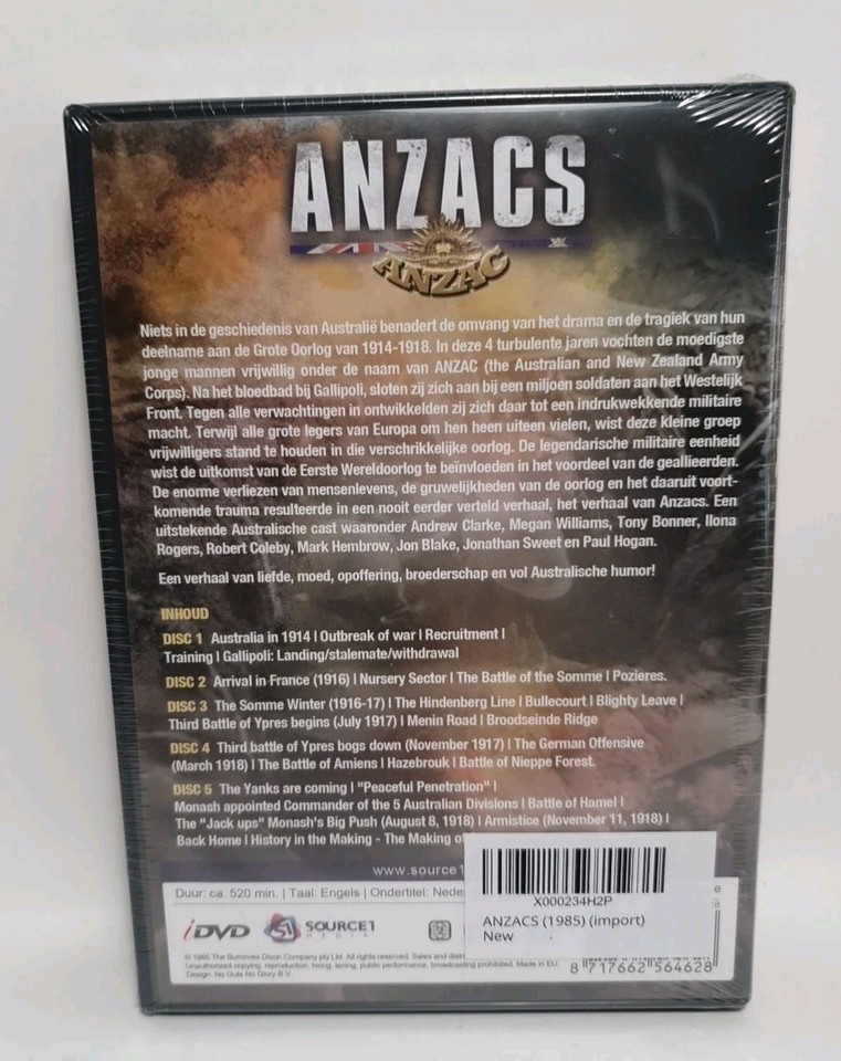 ANZACS 1985 DVD Paul Hogan Jim Holt 5 Disc Tv Mini-Series Sealed Region ...