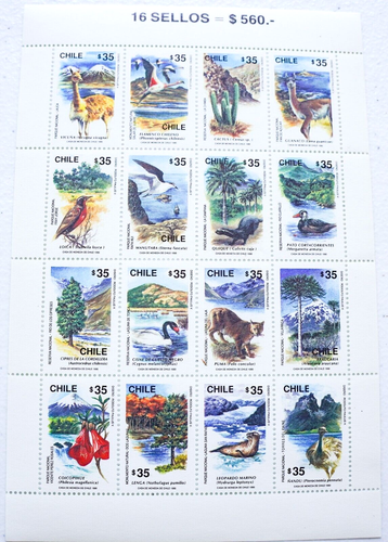 Vintage Chile 16 Stamp Sheet Set of $35 Wildlife Birds Puma Cactus ...