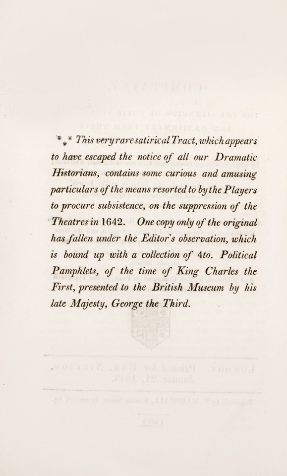 Actors Remonstrance or Complaint 1643 Grievance Prohibition of Staged ...