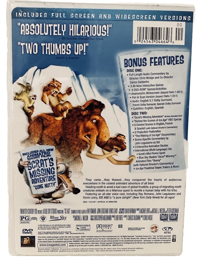 Ice Age DVD 2002 2-Disc Set Includes Full Frame & Widescreen Versions ...