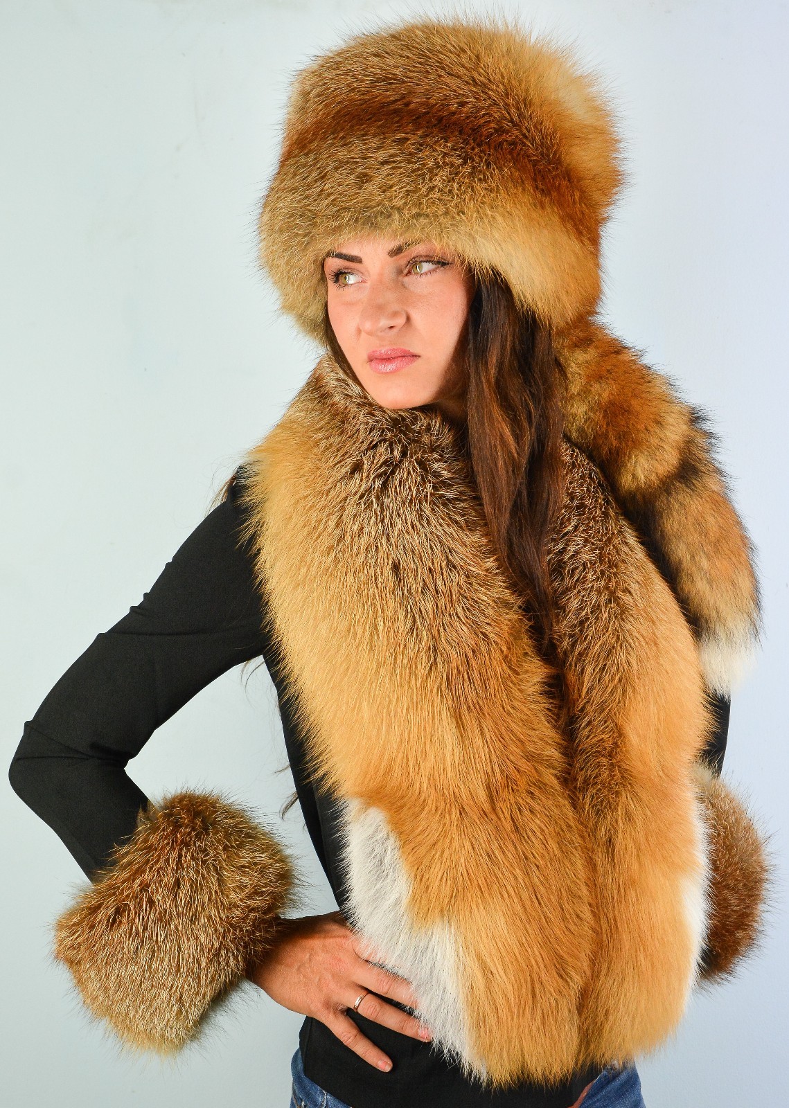 Premium Saga Furs Red Fox Fur Fancy set of Hat Wristbands & Shoulder ...