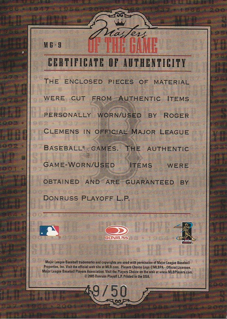 2005 Diamond Kings Masters of the Game Combos #MG9 Roger Clemens Bat ...
