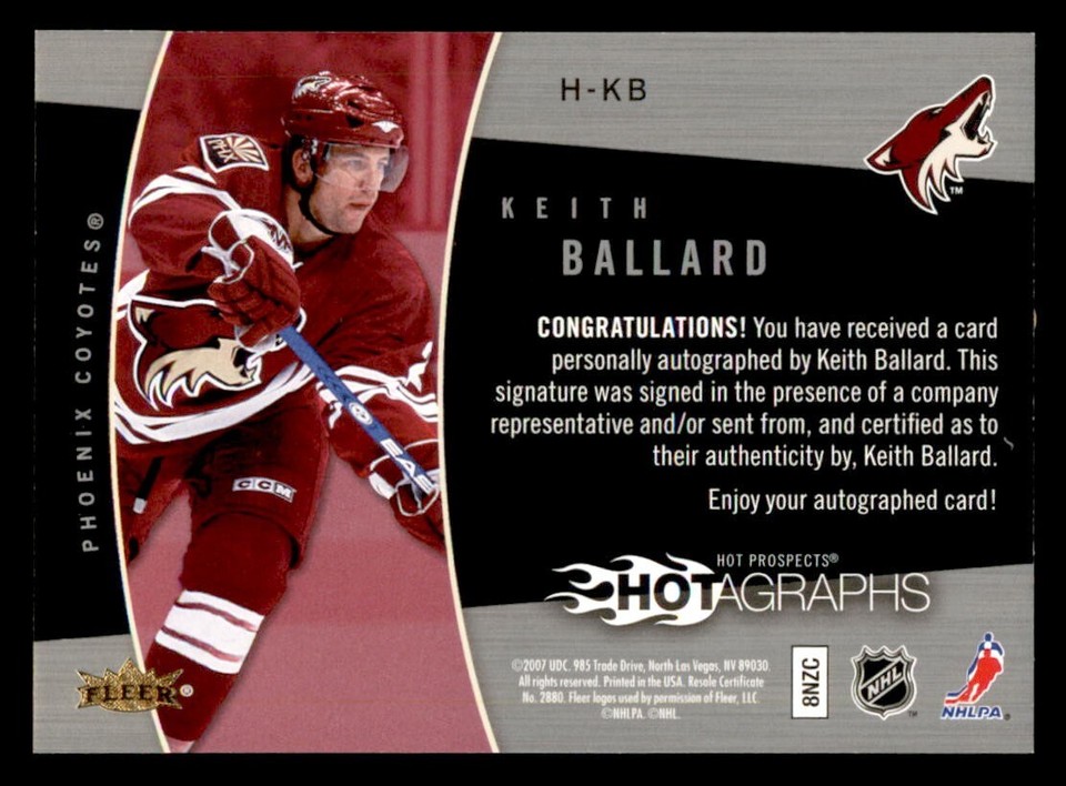 2006-07 Hot Prospects Hotagraphs #HKB Keith Ballard Phoenix Coyotes | eBay