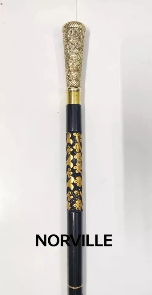Rare Victorian Handcrafted Walking Stick Cane Golden Engraved Solid ...