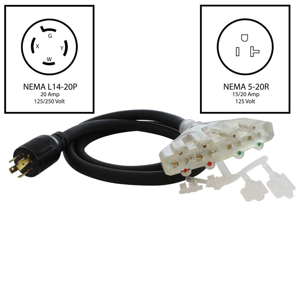 5ft NEMA L14-20 Male Plug to 4 Household Outlets With Power Indicator ...