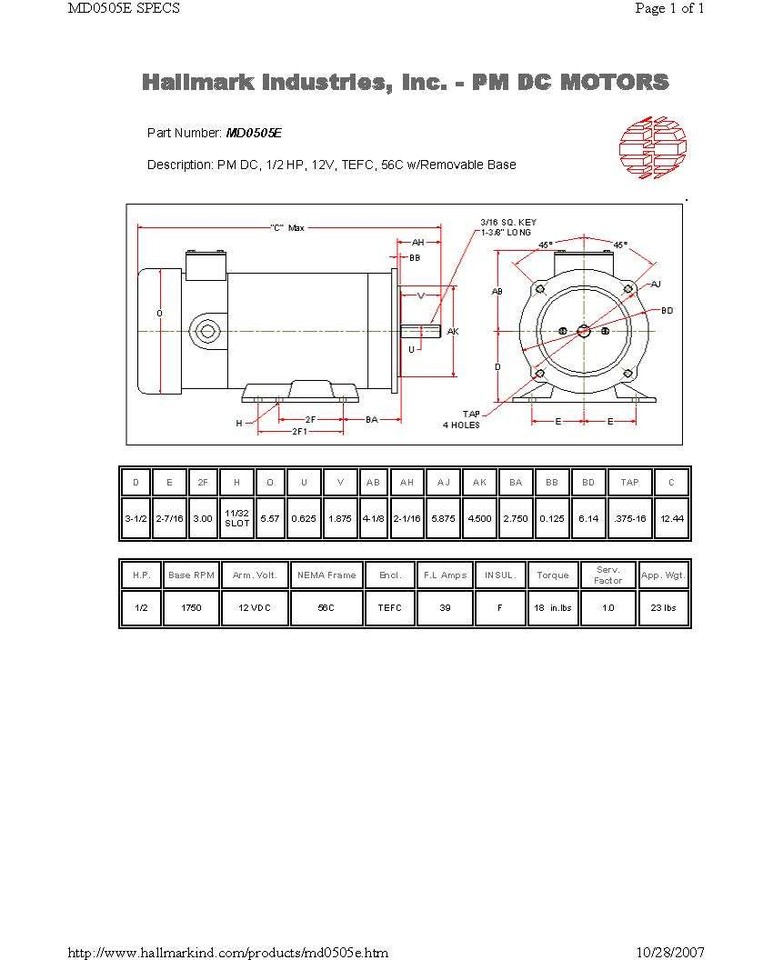 DC MOTOR, 1/4HP, 56C, 12V, 1750RPM, TEFC, Hallmark Industries | eBay
