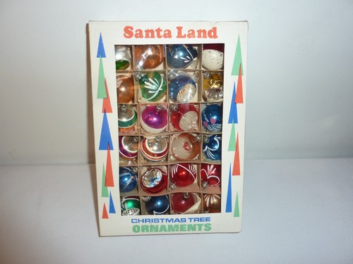 Vintage Box of 24 Santa Land Glass Mini 1.5" Ornaments Feather Tree ...