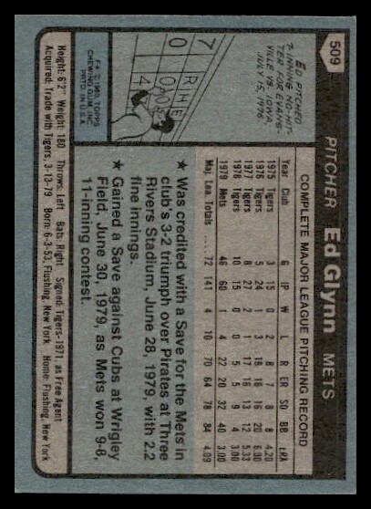 1980 Topps #509 Ed Glynn New York Mets Baseball card | eBay
