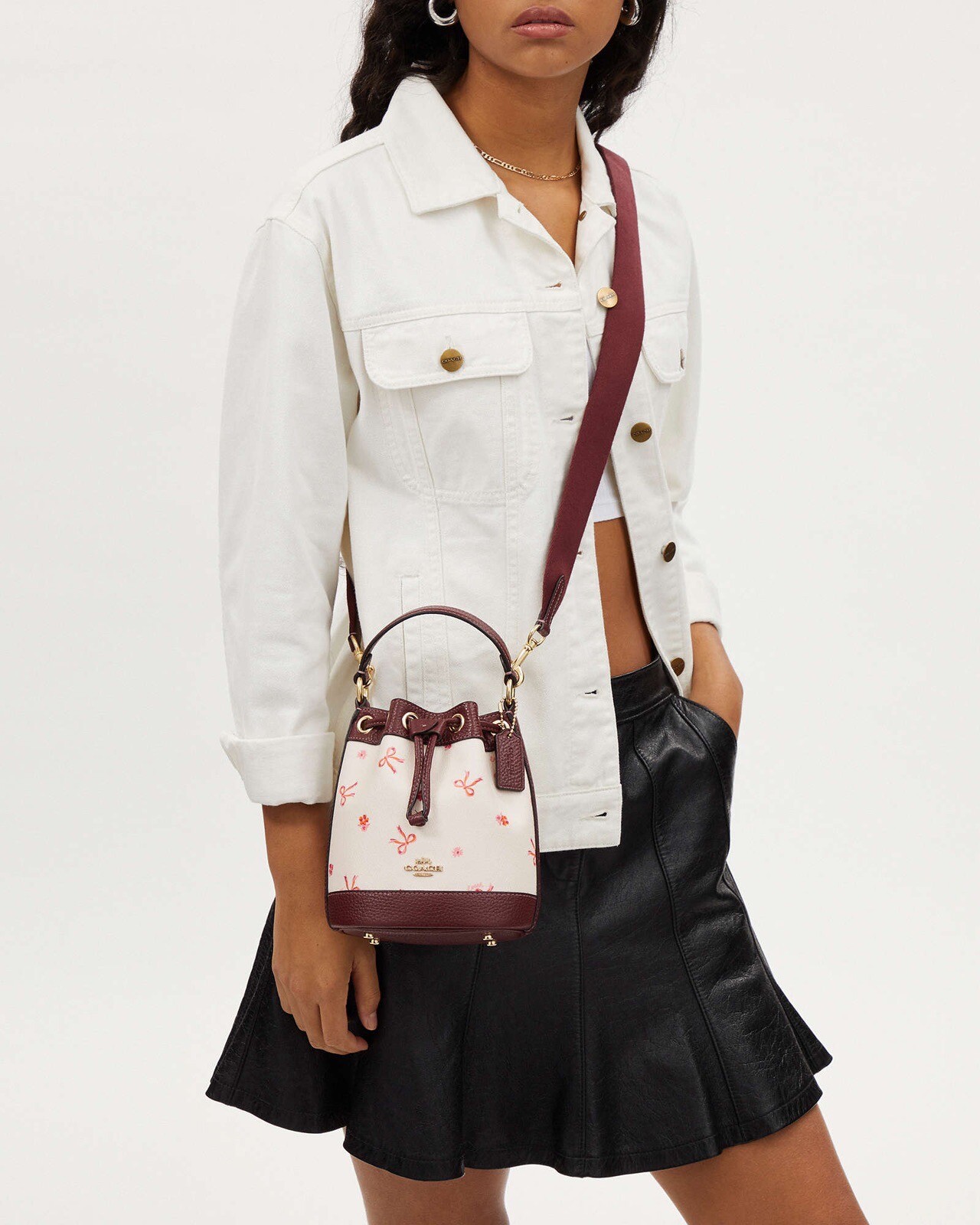 Coach Dempsey Drawstring Bucket Bag 15 With Bow Print In Chalk Wine NWT ...