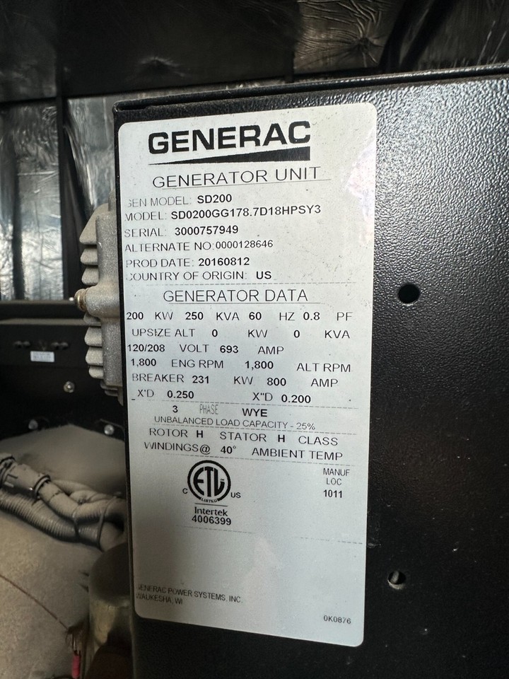 Generac SD200 200 kW 120/208V Sound Attenuated Diesel Generator | eBay